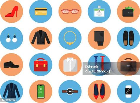 비즈니스 옷장 아이콘입니다 남자와 여자에 대 한 Office 스타일 옷 일 캐주얼 패션 치마 정장 자 켓 모자 가방 벡터 기호 색 드레스에 대한 스톡 벡터 아트 및 기타