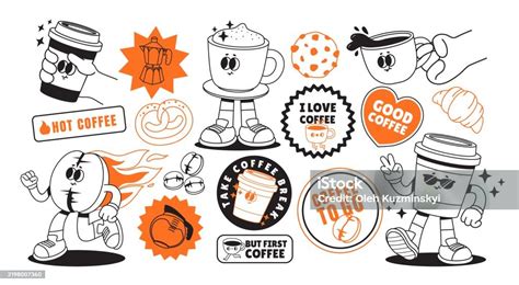 커피 스티커 그루비 드링크 캐릭터 콩 커피 컵 카푸치노 에스프레소 커피 숍의 텍스트 문구가있는 펑키 패치 만화 카페 메뉴 라벨입니다 벡터 세트 커피 콩에 대한 스톡 벡터