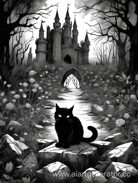 Ink Drawing Of A Cat In A Dark Castle Garden Ai Art Generator