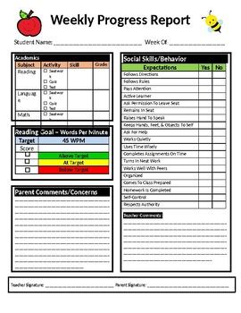 Weekly Progress Report By Classroom Express Teachers Pay Teachers