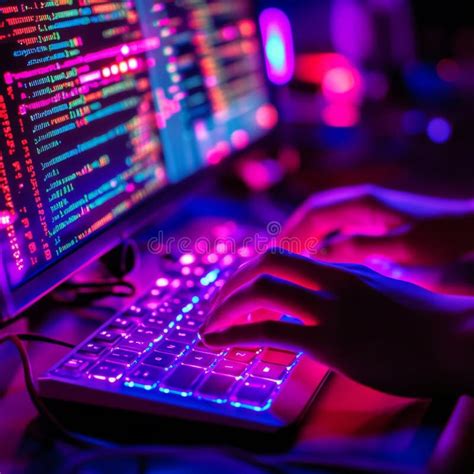 The Red Glow Of A Computer Keyboard Is Visible As A Person Types Stock Image Image Of Coding