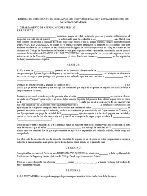 Modelo De Denuncia Yo Querella Por Los Delitos De Fraude Y Venta De