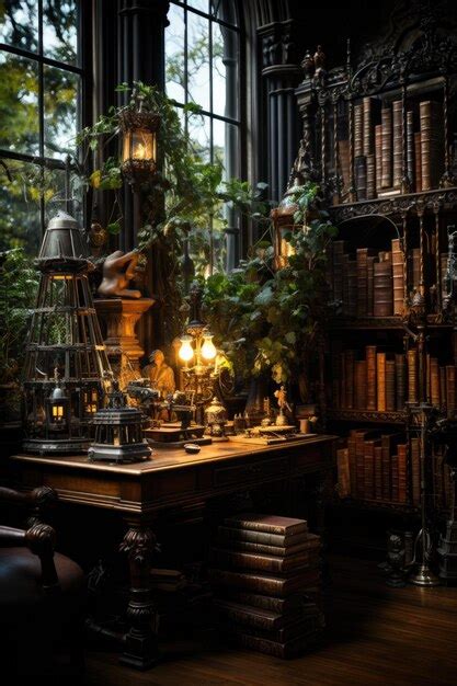 Premium Ai Image A Desk In A Room With A Gramophone And Old Books In