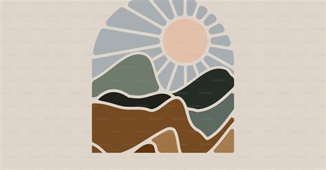 일몰 배지 또는 로고 또는 파스텔 지구 색상의 스티커 디자인 템플릿이 있는 미니멀리즘 산 풍경 벡터 Eps 10 그림 벡터