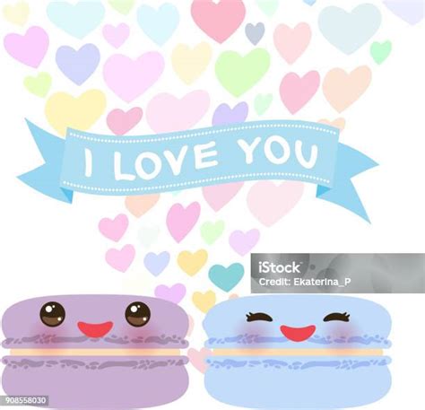 사랑 해요 카드 디자인 분홍색 뺨 및 윙크 눈 흰색 바탕에 파스텔 색상 귀여운 마 카 롱 벡터 귀여운에 대한 스톡 벡터 아트 및