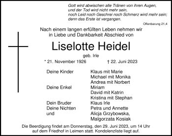 Traueranzeigen Von Liselotte Heidel Trauer Rnz De