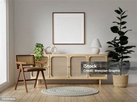 가벼운 거실 인테리어 서랍장과 예술 장식 모형 프레임이 있는 선반 3d 렌더링 일러스트레이션 형판에 대한 스톡 사진 및 기타 이미지 Istock