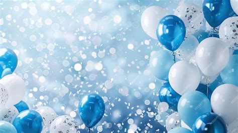 Premium Photo Festive Blue And White Balloons With Confetti Perfect