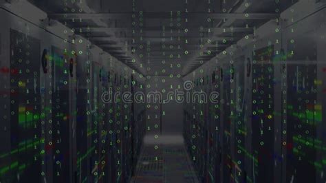 binary code animating over server racks in data center environment