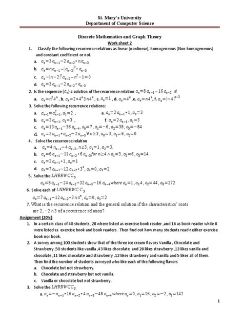 Discrete Mathematics Worksheet 2 Pdf Recurrence Relation Theoretical Computer Science
