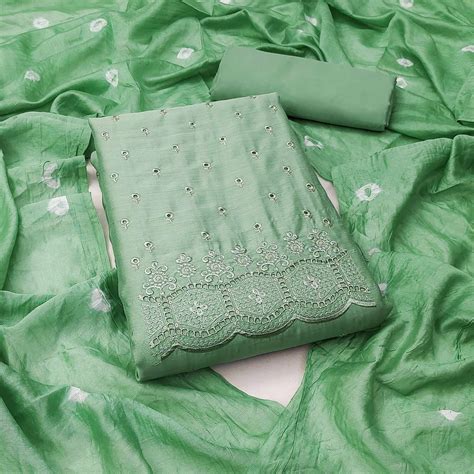Green Embroidered Cotton Blend Dress Material