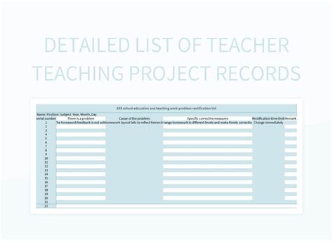 Detailed List Of Teacher Teaching Project Records Excel Template And
