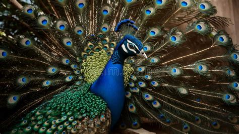Portrait Of Beautiful Peacock With Feathers Out The Indian Peafowl Or