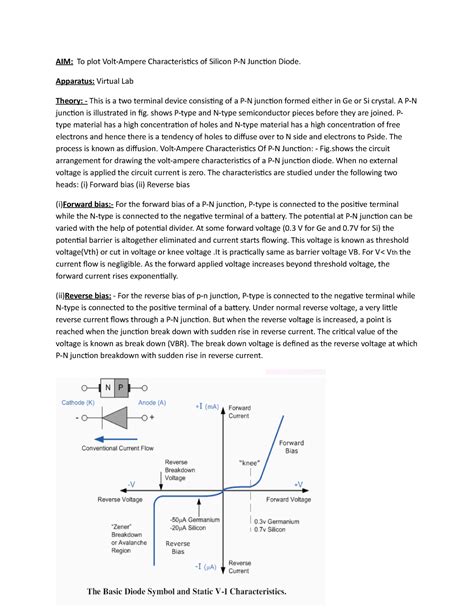 Diode Lab Report Notes AIM To Plot Volt Ampere Characteristics Of Silicon P N Junction