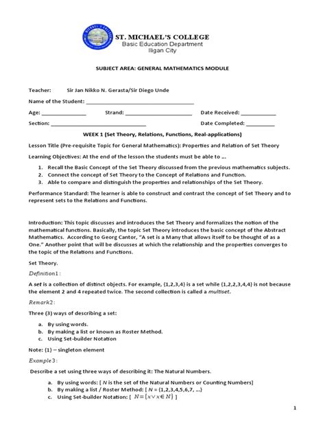 St Michaels College Subject Area General Mathematics Module Pdf