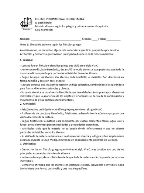 Modelo Atómico Según Los Griegos Y La Primera Revolución Química Pdf