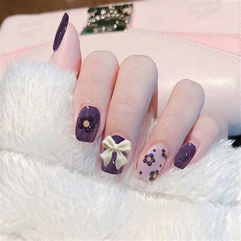 걸스코코 퍼플플라워 데이지 꽃 리본네일 간단한 셀프 붙이는 손톱 네일팁 Nail N211