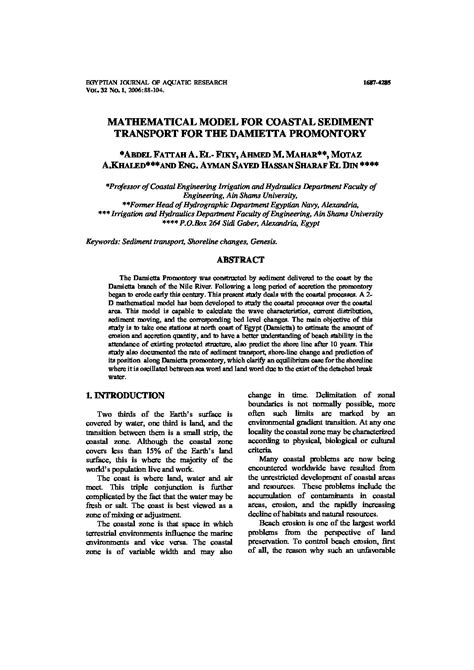 Mathematical Model For Coastal Sediment Transport For The Damietta