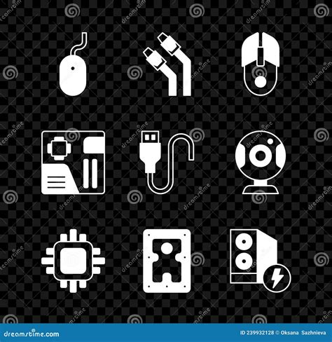 Set Computer Mouse Lan Cable Network Internet Processor With Cpu Hard Disk Drive Hdd Case Of