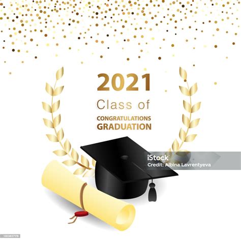 졸업축하드립니다 2021년 클래스 졸업 모자와 색종이와 풍선 축하 배너 교육아카데미 학습학교 Fashion Show에 대한 스톡