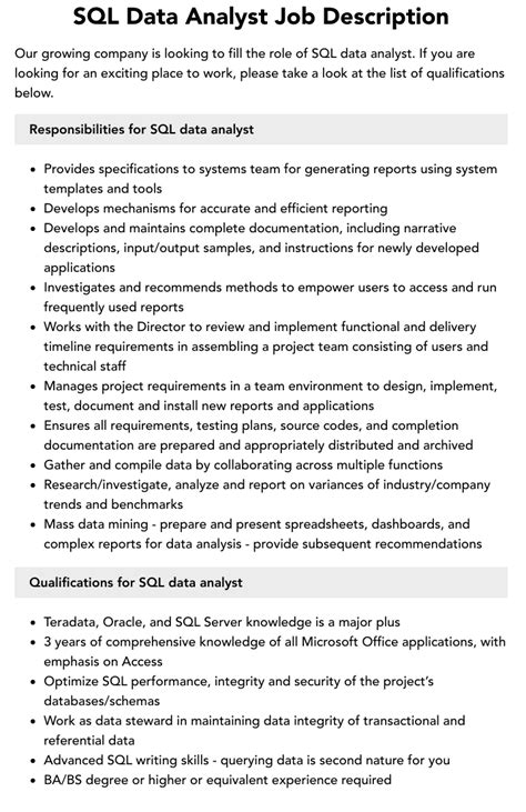Sql Data Analyst Job Description Velvet Jobs