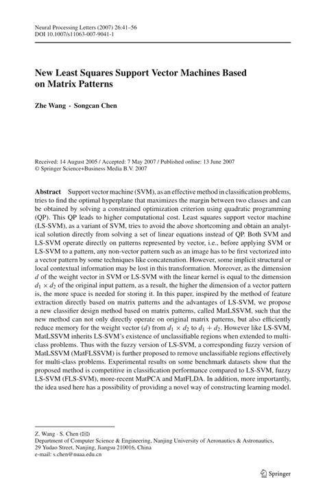 Download Pdf New Least Squares Support Vector Machines Based On Matrix Patterns