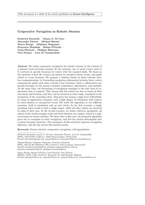 Pdf Cooperative Navigation In Robotic Swarms