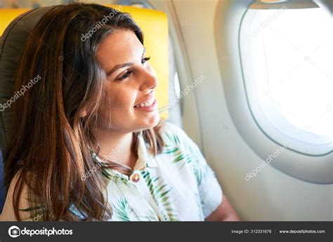 Young Traveller Woman Sitting Plane Airport Sky View Window — Stock