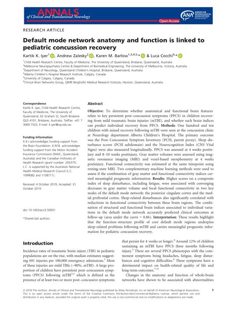 PDF Default Mode Network Anatomy And Function Is Linked To Pediatric Concussion Recovery