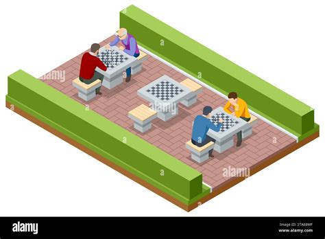 Isometric Mens Friends Playing A Chess Game At The Park Logical
