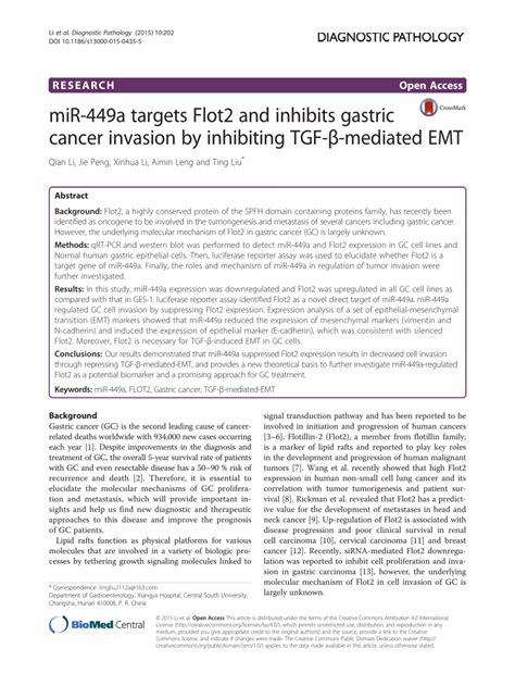 Pdf Mir 449a Targets Flot2 And Inhibits Gastric Cancer Invasion By