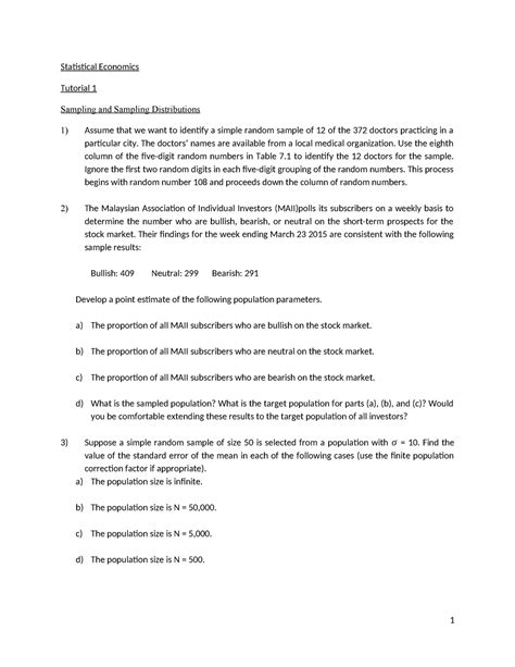 Tutorial 1 Statistical Economics Tutorial 1 Sampling And Sampling Distributions 1 Assume That