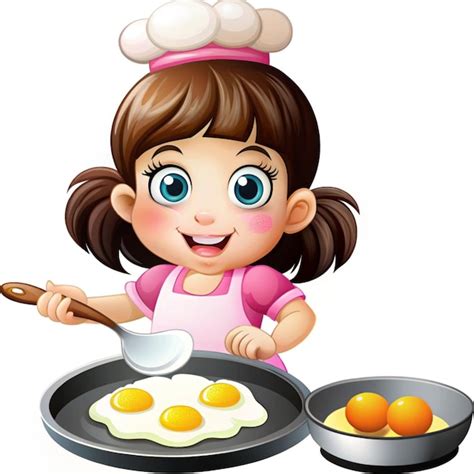 A Girl Cooking Eggs With A Cookbook On The Back Premium Ai Generated