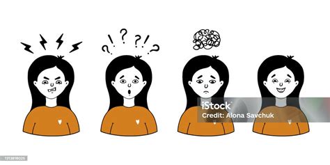 분노 슬픔 기쁨 놀라움 등 다양한 감정을 표현하는 소녀들의 얼굴 감정에 대한 스톡 벡터 아트 및 기타 이미지 감정 낙서 드로잉 놀라움 Istock