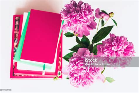 분홍색 모란 의 꽃다발 책 연필과 흰색 테이블에 노트북의 스택 상단보기 개념에 대한 스톡 사진 및 기타 이미지 개념 개념과