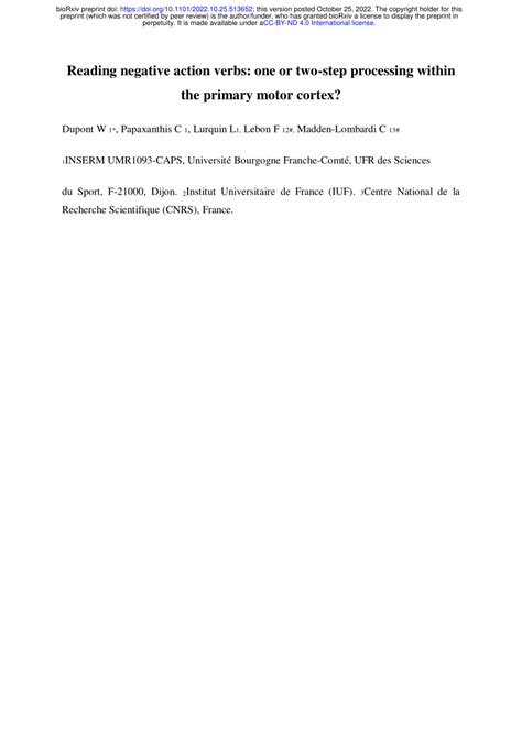 Pdf Reading Negative Action Verbs One Or Two Step Processing Within The Primary Motor Cortex