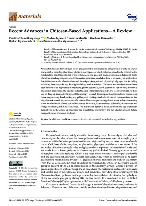 Pdf Recent Advances In Chitosan Based Applications—a Review Madara Jayanetti