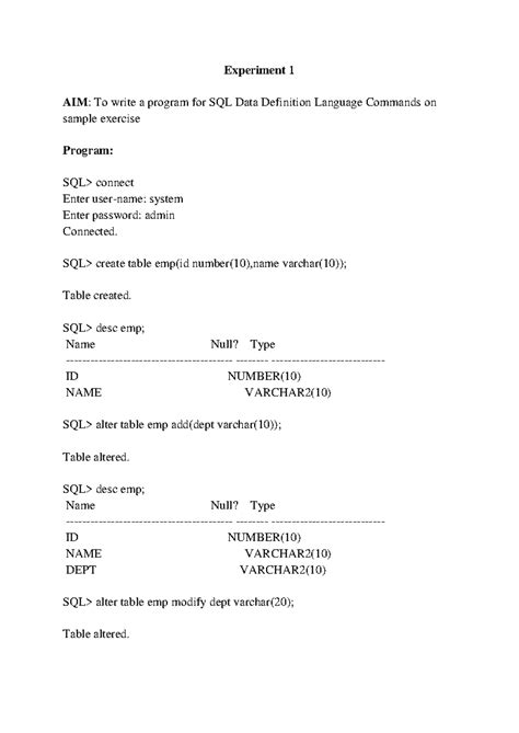 Dbms Exp Lab Manual 1 Q Experiment 1 Aim To Write A Program For Sql Data