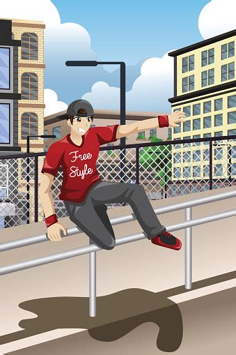 Parkour 선수 뛰어내림 난간을 통해 프리 러닝에 대한 스톡 벡터 아트 및 기타 이미지 프리 러닝 철책 2015년