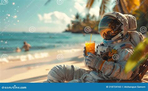 A Man In A Spacesuit Is Sitting On A Beach Chair With A Glass Of Orange