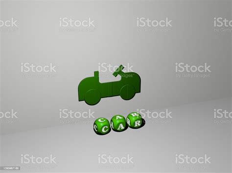 Car의 3d 그래픽 이미지와 상단 관점에서 금속 입방 문자로 만든 텍스트와 함께 개념 프리젠 테이션 및 슬라이드 쇼에 탁월합니다 일러스트 및 자동 완벽에 대한 스톡 사진