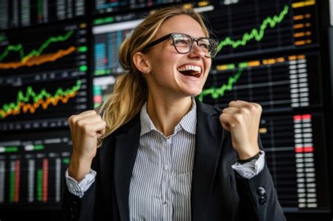 Joyful Businesswoman Celebrates Achieving Success In Stock Market With