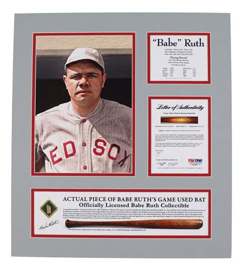 Babe Ruth Red Sox Custom Matted Game Used Baseball Bat Piece Display