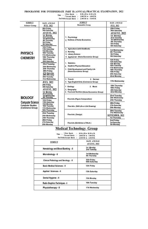 Bise Lahore Board Hssc Inter Part I And Ii Practical Exams Date Sheet 2022