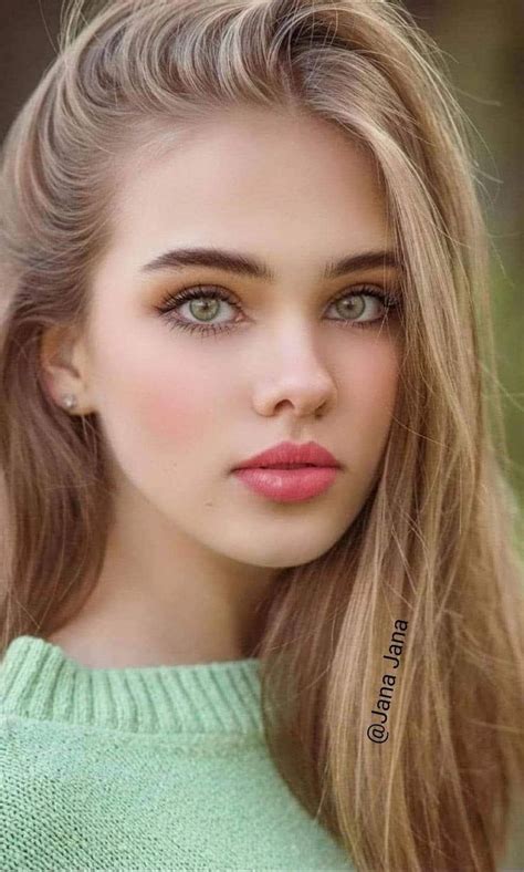 A Woman With Long Blonde Hair And Green Sweater Looking At The Camera Her Eyes Are Open