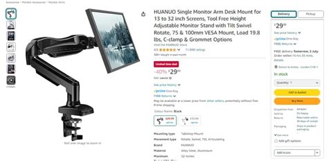 Huanuo Single Monitor Arm For 13 32 Inch Screens Adjustable Stand £29