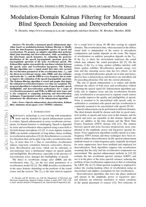 Modulation Domain Kalman Filtering For Monaural Blind Speech Denoising And Dereverberation Deepai