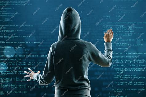 Premium Photo | Back view of hacker in hoodie on abstract coding background hacking and ...