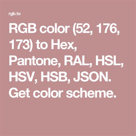 RGB Color 52 176 173 To Hex Pantone RAL HSL HSV HSB JSON Get Color Scheme Hex