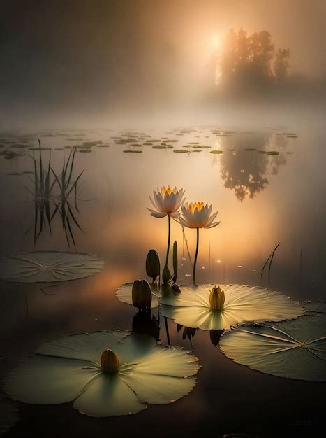 Puesta de sol sobre el lago con nenúfar Foto Premium